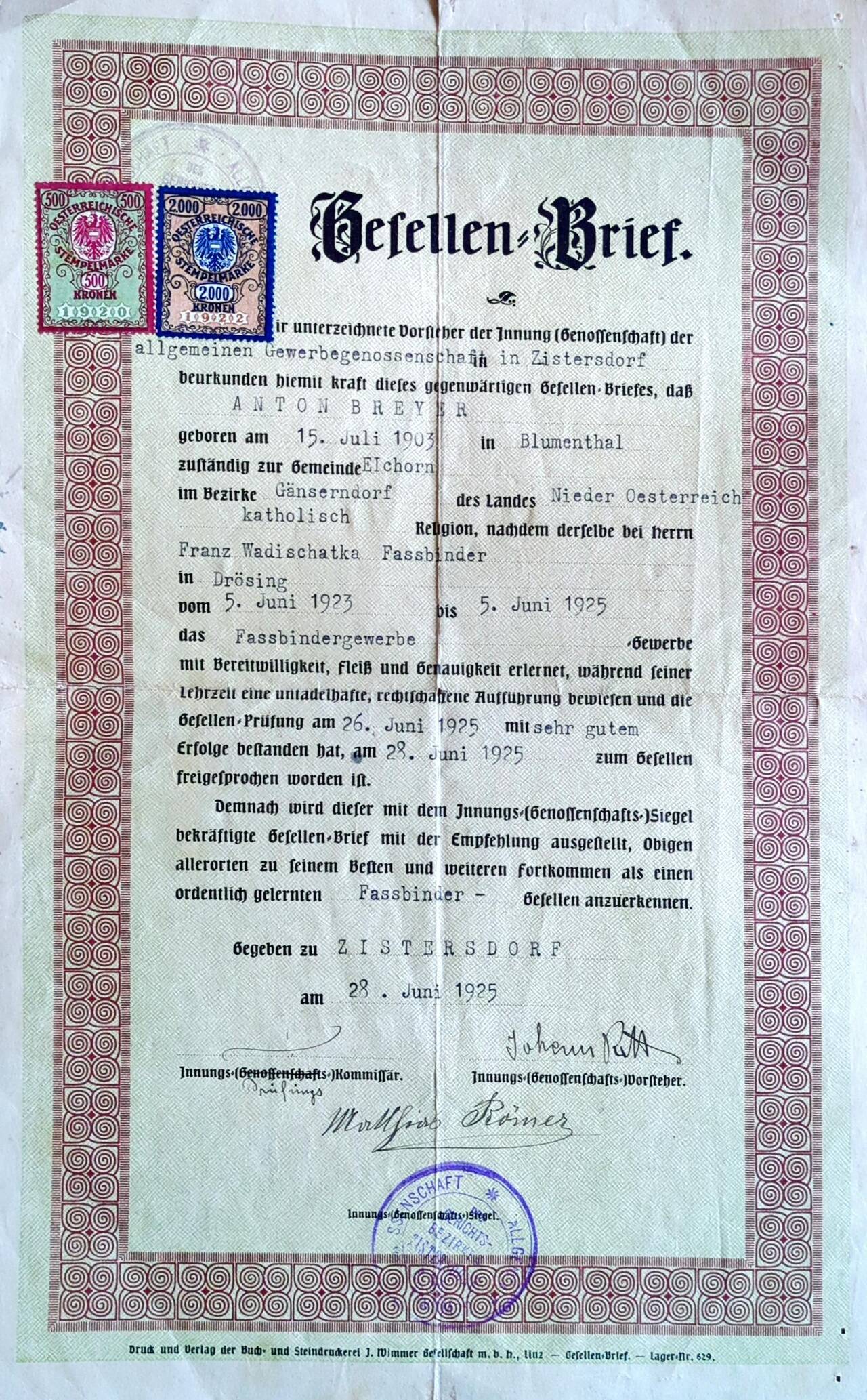 Eichhorn Gesellenbrief Breyer Anton
